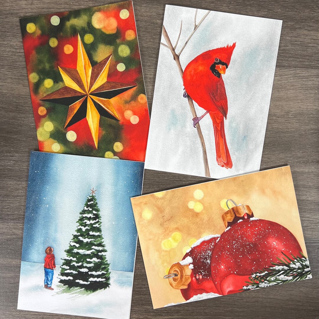 Holiday Christmas Cards, Set of Four Seasonal 5x7 Watercolor Cards ...