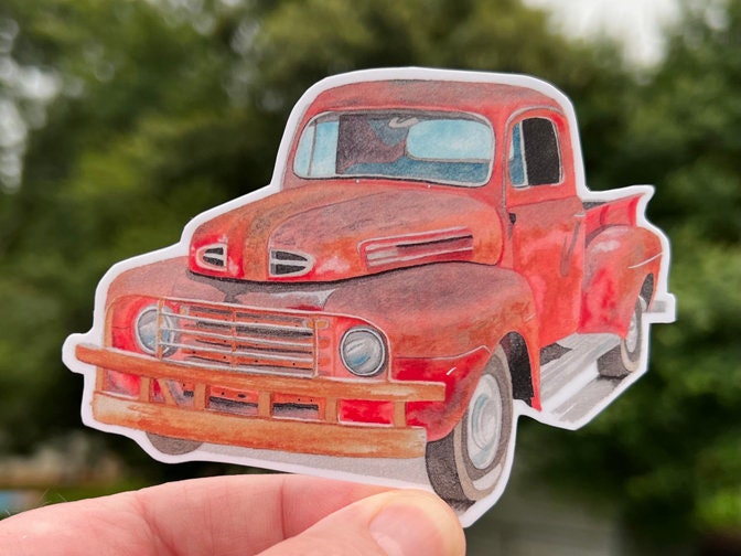 Rusted Truck Watercolor Sticker, Red Antique Ford Pickup Vinyl Decal ...