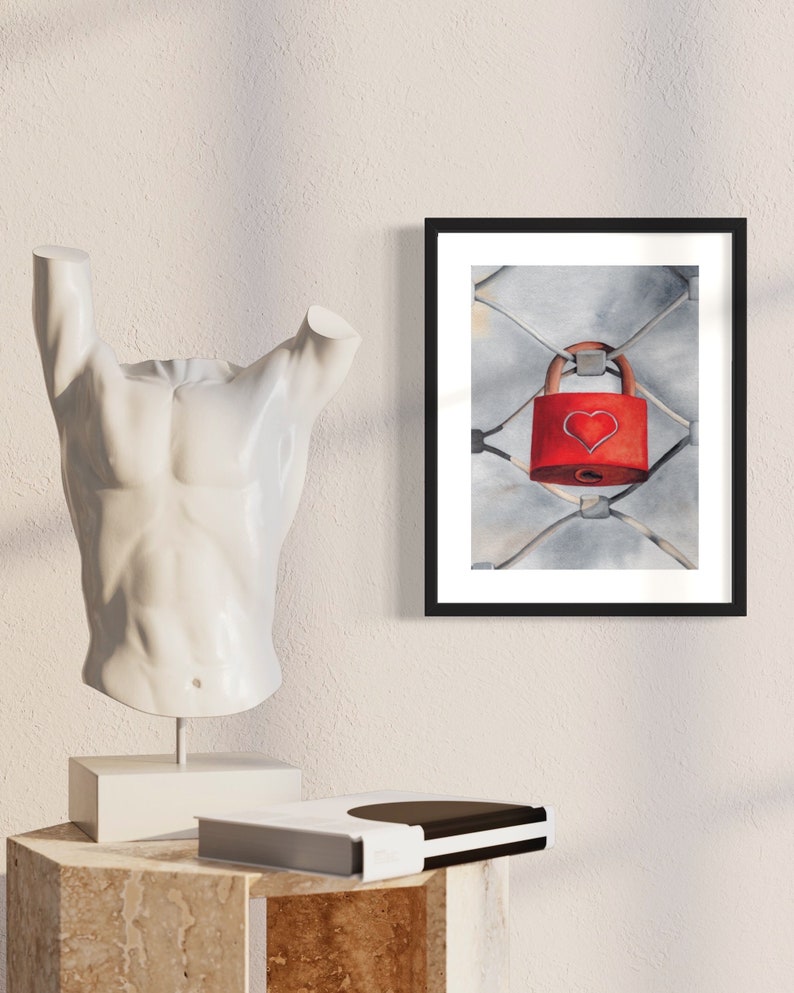 Heart-engraved Padlock Watercolor Painting, 9x12 Realistic Red Lock ...