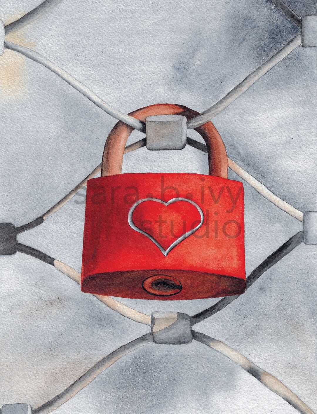 Heart-engraved Padlock Watercolor Painting, 9x12 Realistic Red Lock ...