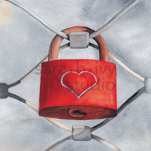 Heart-engraved Padlock Watercolor Painting, 9x12 Realistic Red Lock ...