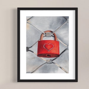 Heart-engraved Padlock Watercolor Painting, 9x12 Realistic Red Lock ...
