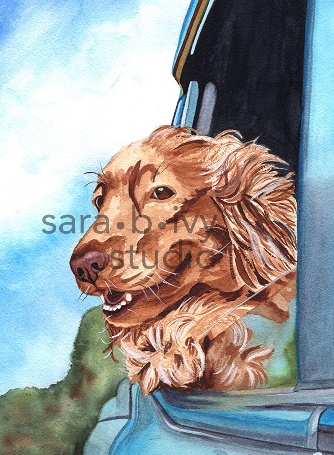 Cruzin' Realistic Dog Watercolor Painting, 9x12 Unframed Car Riding ...