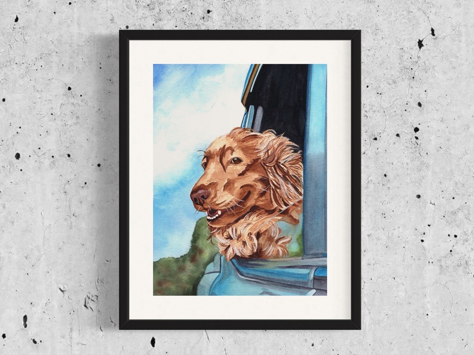 Cruzin' Realistic Dog Watercolor Painting, 9x12 Unframed Car Riding ...