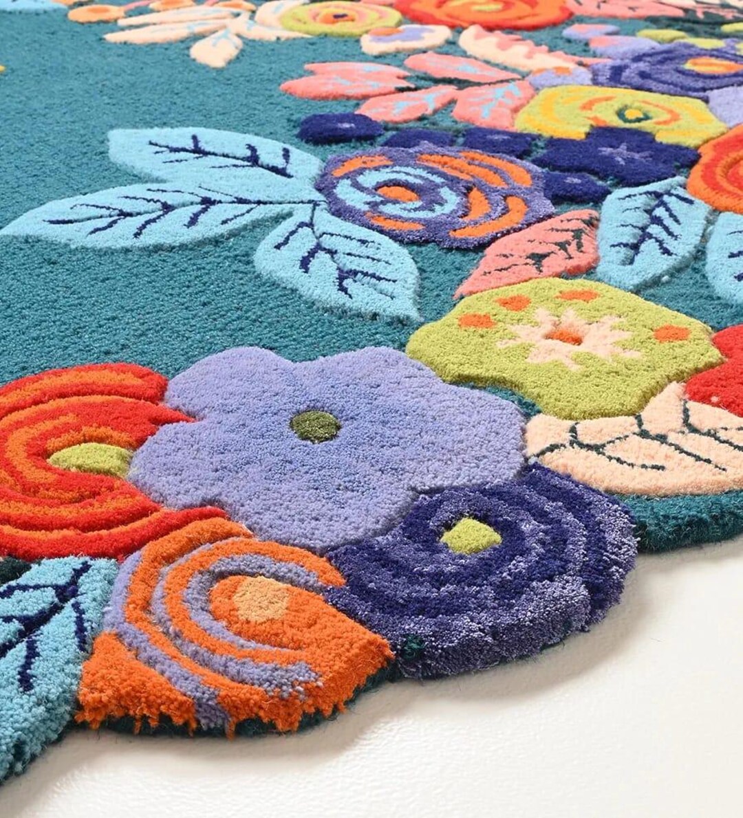 Araceli Cassia Rug Jardin Floral Teal Multicoloured Irregular Shape ...