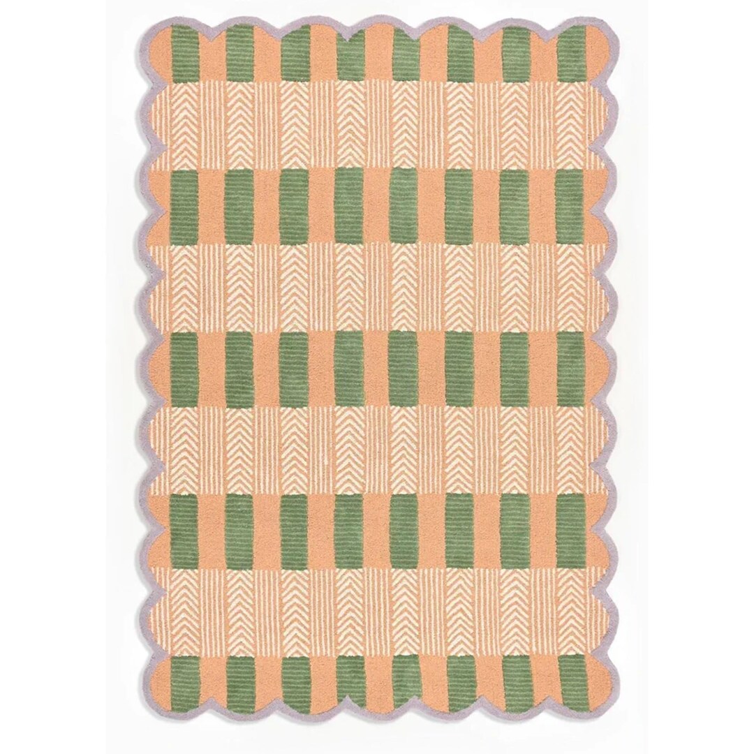 Hand Tufted Matilda Goad Plaid Rug Scalloped Designer Large Area Rug ...