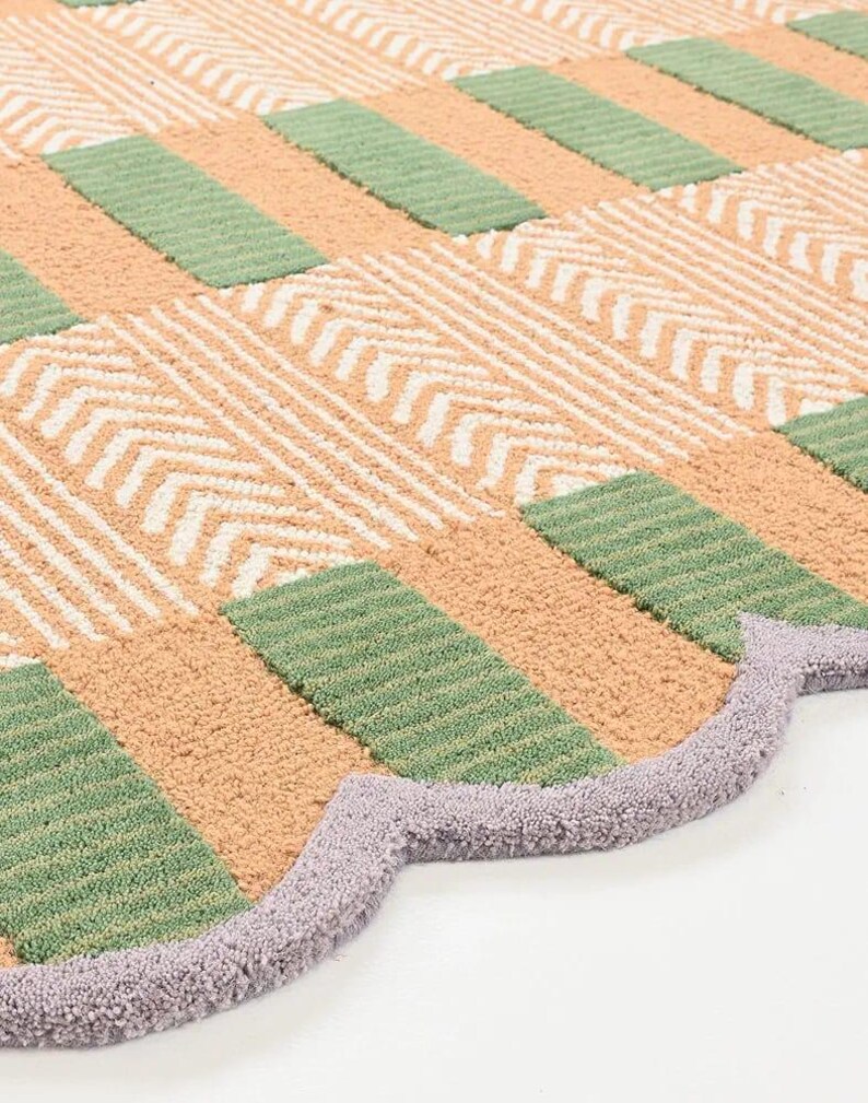 Hand Tufted Matilda Goad Plaid Rug Scalloped Designer Large Area Rug ...