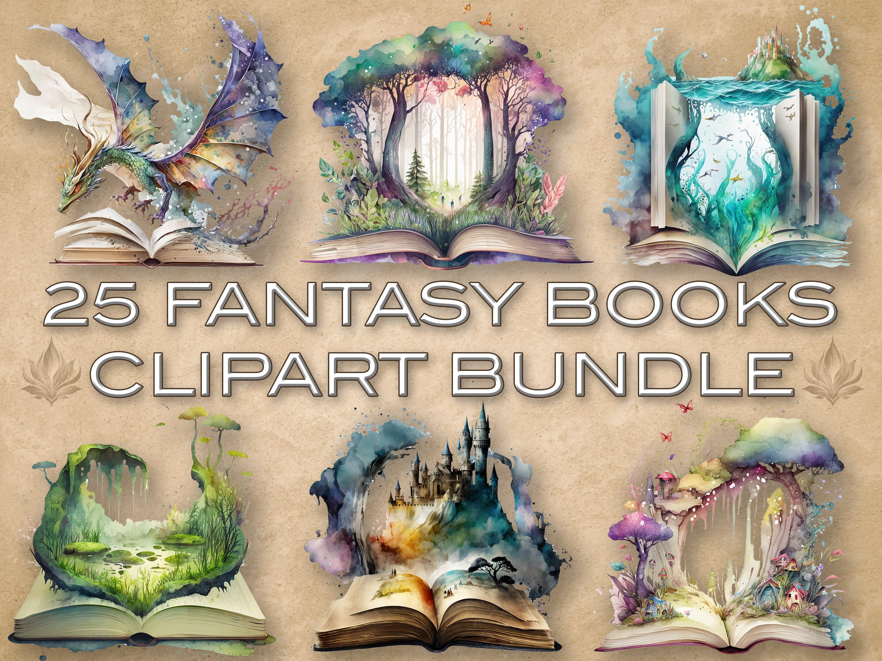 25 PNG Watercolor Fantasy Books Clipart, Book Shop Clipart, Fantasy ...