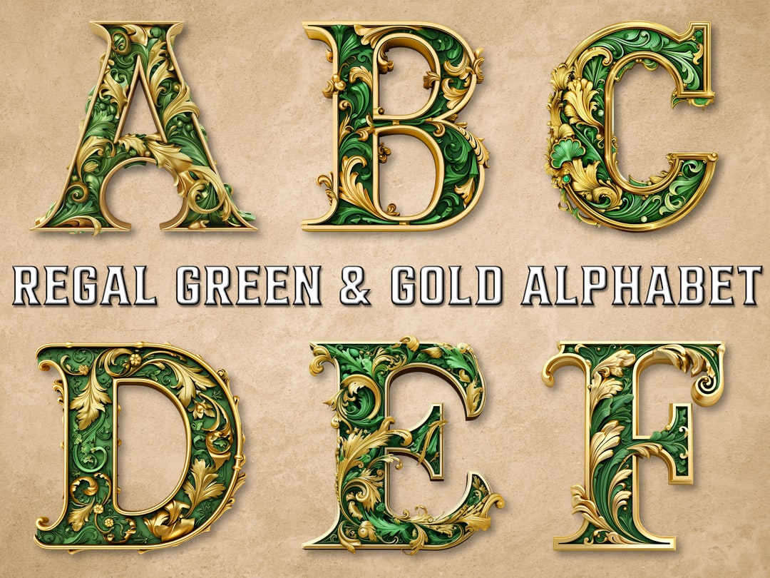 Regal Green & Gold Alphabet Clipart Bundle, Art Nouvea Letters ...