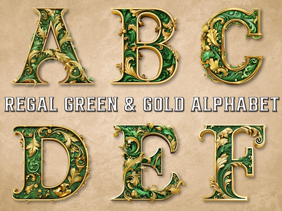 Regal Green & Gold Alphabet Clipart Bundle, Art Nouvea Letters ...