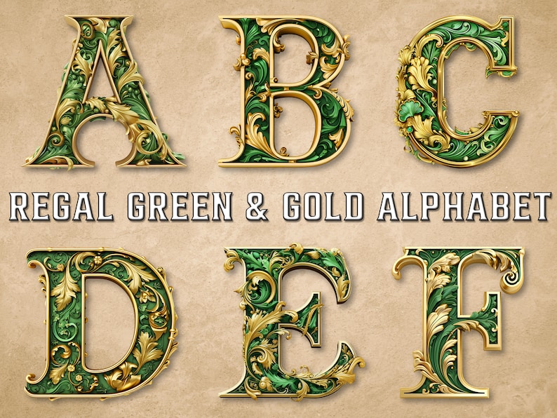 Regal Green & Gold Alphabet Clipart Bundle, Art Nouvea Letters ...