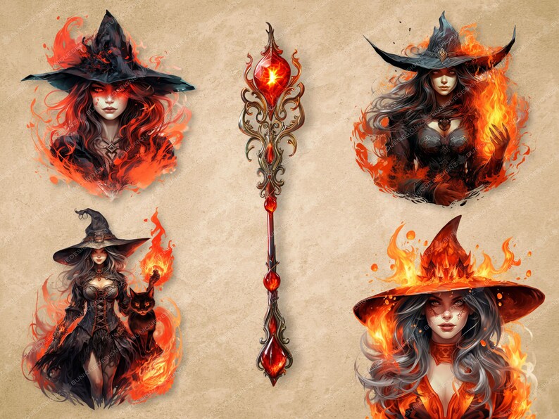 Fire Witch Clipart Set, Red Witch Clipart, Commercial Use Clip Art, 22 ...
