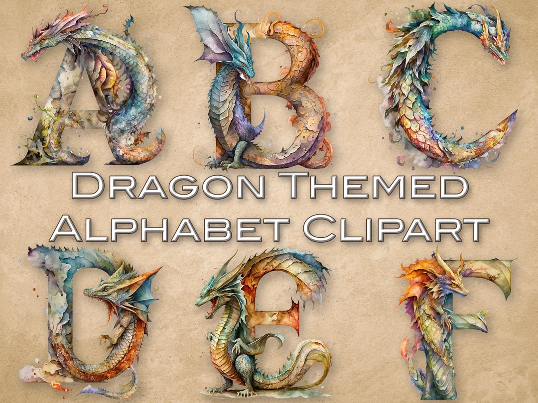Dragon Themed Alphabet Clipart, Watercolor, Digital Print, Stickers ...
