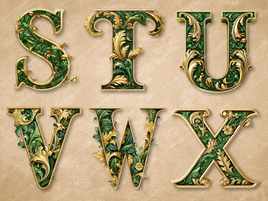 Regal Green & Gold Alphabet Clipart Bundle, Art Nouvea Letters ...