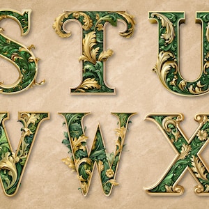 Regal Green & Gold Alphabet Clipart Bundle, Art Nouvea Letters ...