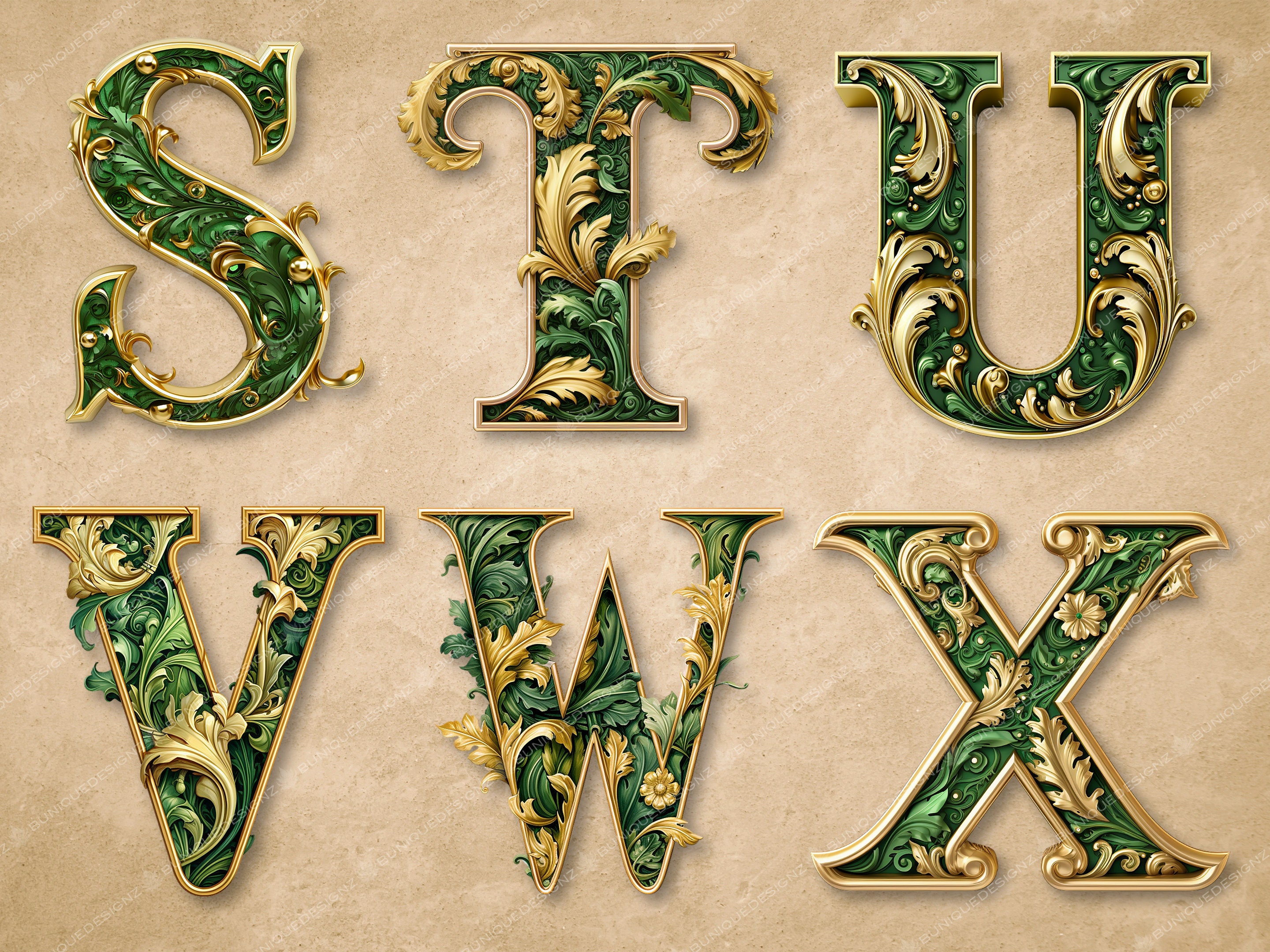 Regal Green & Gold Alphabet Clipart Bundle, Art Nouvea Letters ...