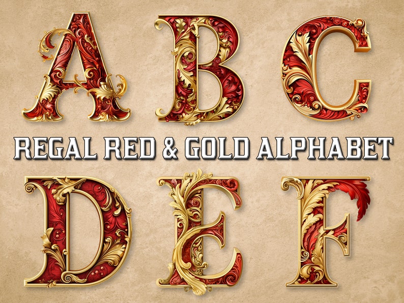 Regal Red & Gold Alphabet Clipart Bundle, Art Nouvea Letters ...