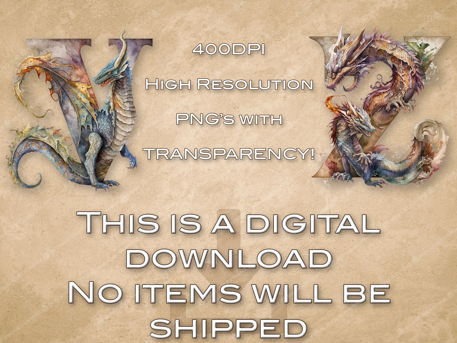 Dragon Themed Alphabet Clipart, Watercolor, Digital Print, Stickers ...