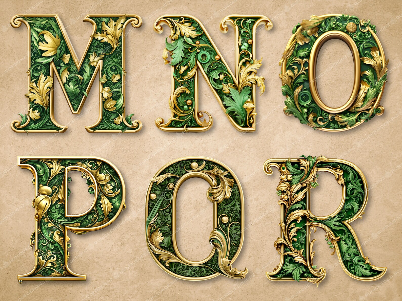 Regal Green & Gold Alphabet Clipart Bundle, Art Nouvea Letters ...