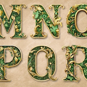 Regal Green & Gold Alphabet Clipart Bundle, Art Nouvea Letters ...