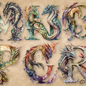 Dragon Themed Alphabet Clipart, Watercolor, Digital Print, Stickers ...