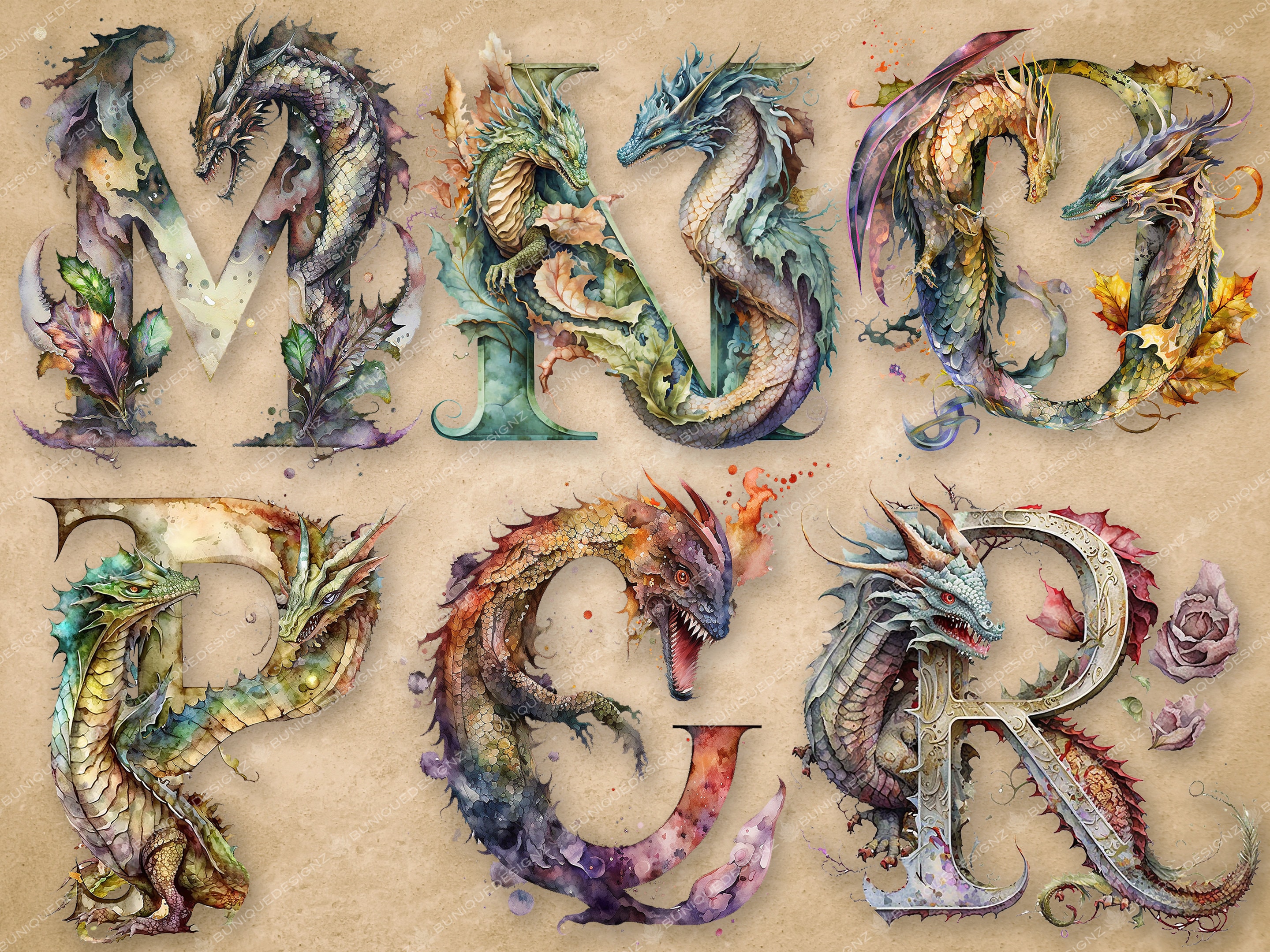 Dragon Themed Alphabet Clipart, Watercolor, Digital Print, Stickers ...