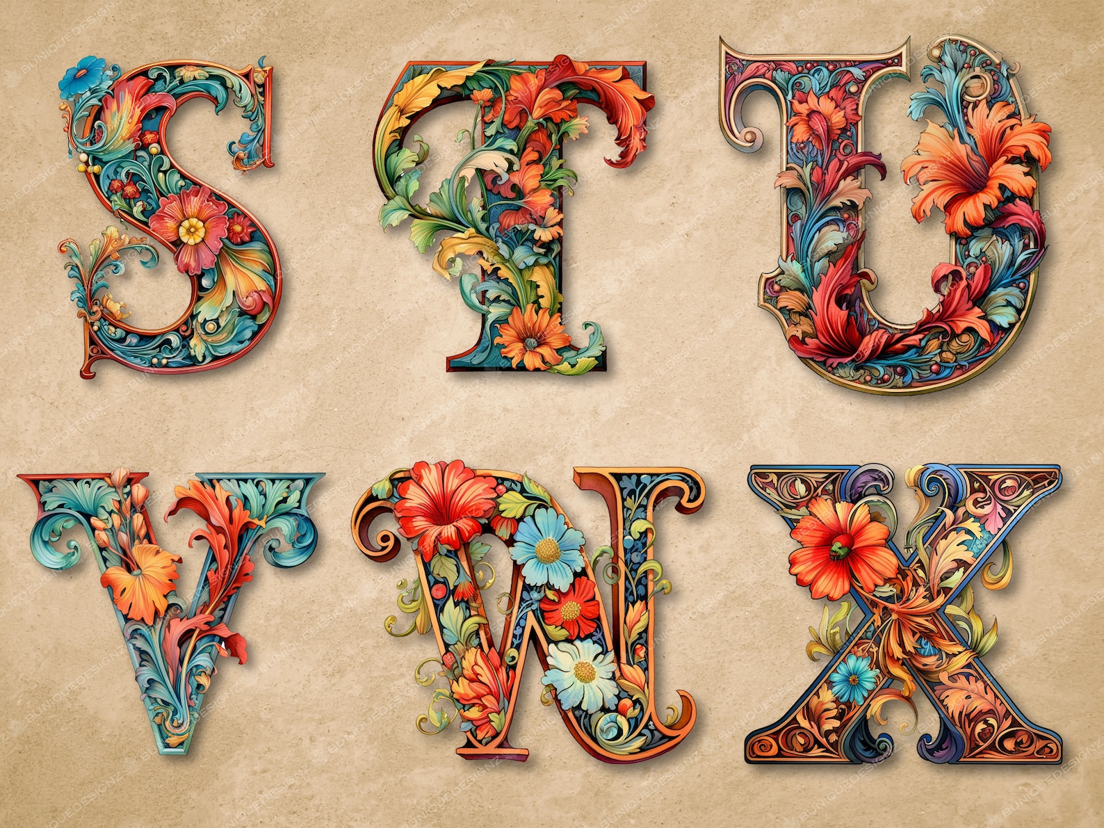 Art Nouveau Alphabet Clipart Bundle, Illuminated Initials, Full English ...