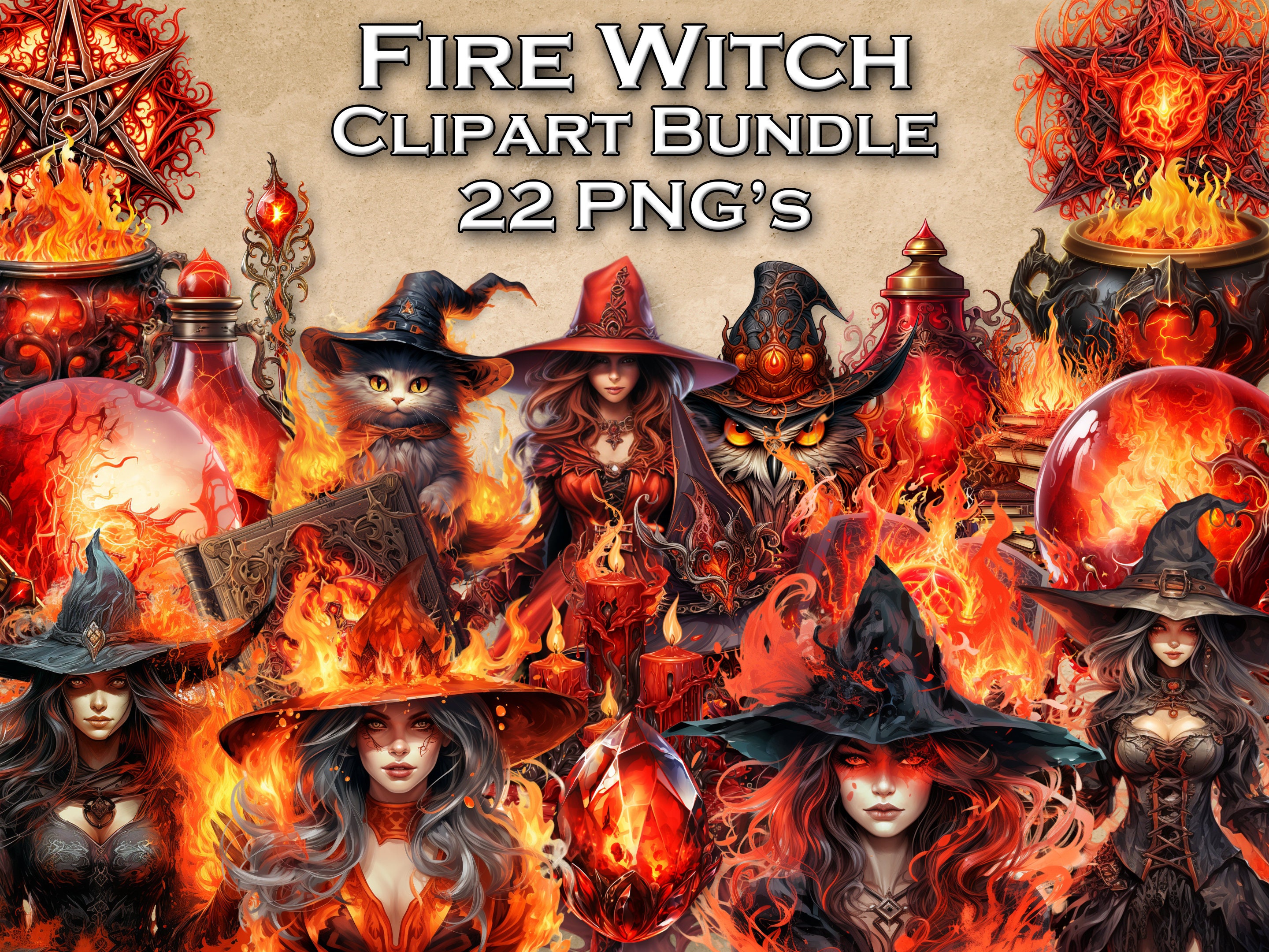 Fire Witch Clipart Set, Red Witch Clipart, Commercial Use Clip Art, 22 ...