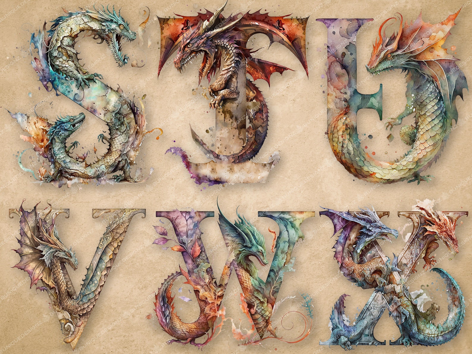 Dragon Themed Alphabet Clipart, Watercolor, Digital Print, Stickers ...