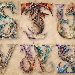 Dragon Themed Alphabet Clipart, Watercolor, Digital Print, Stickers ...