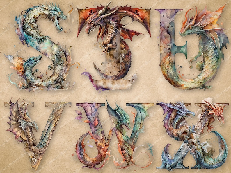 Dragon Themed Alphabet Clipart, Watercolor, Digital Print, Stickers ...