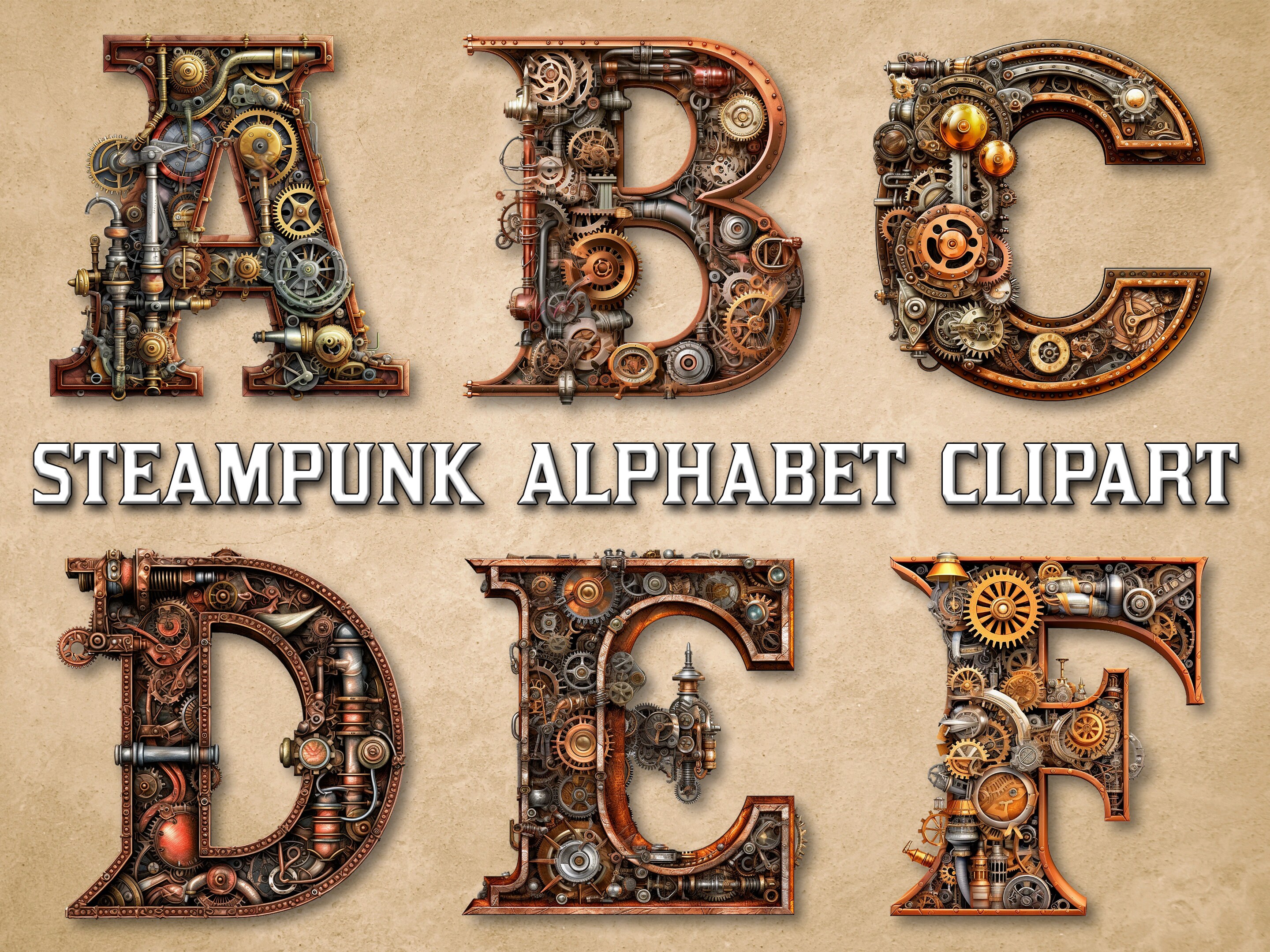 Steampunk Themed Alphabet Clipart, Digital Print, Scrapbook, Junk ...