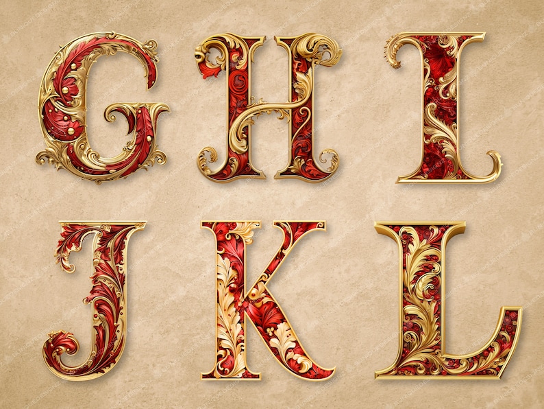 Regal Red & Gold Alphabet Clipart Bundle, Art Nouvea Letters ...