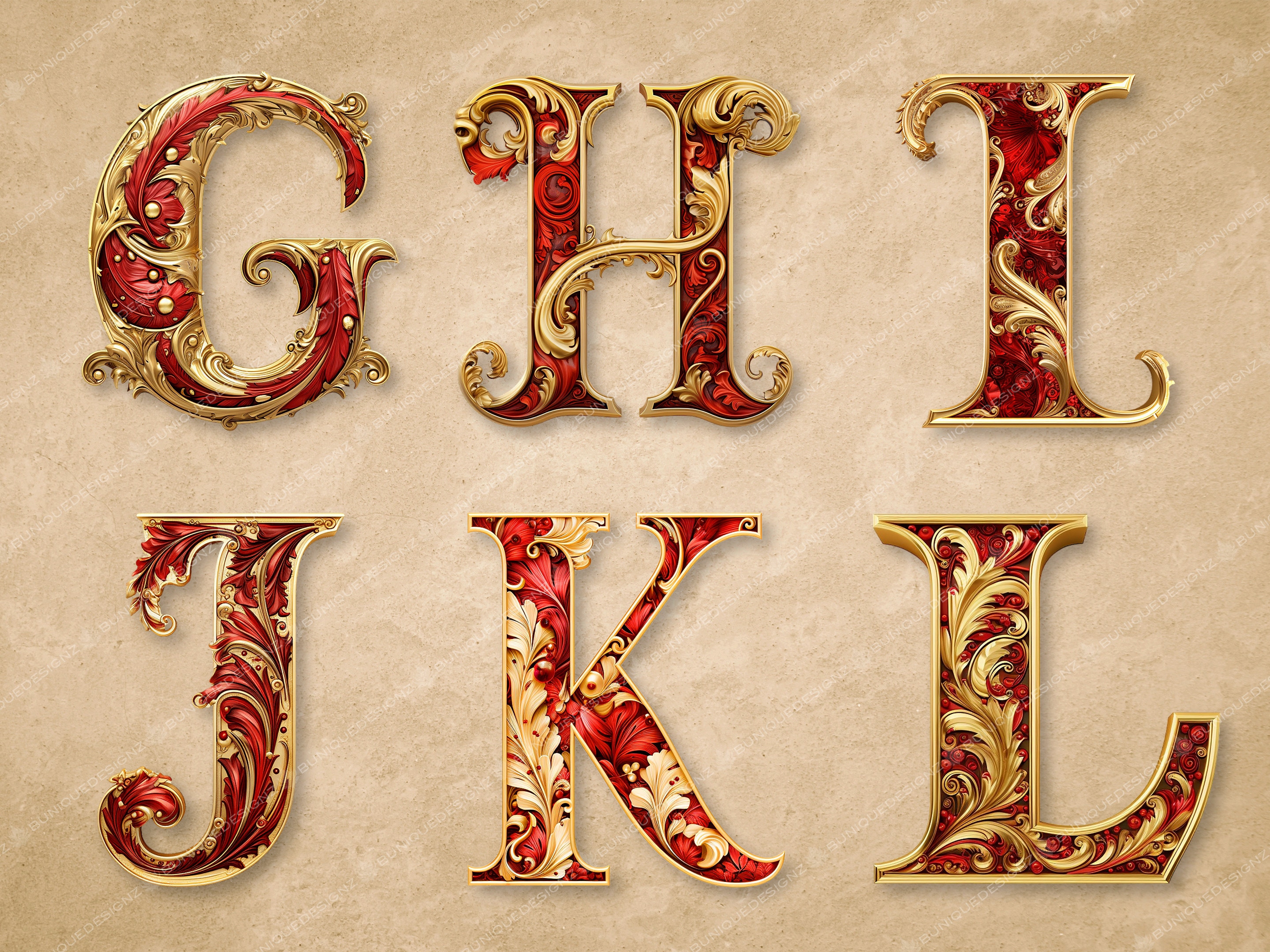 Regal Red & Gold Alphabet Clipart Bundle, Art Nouvea Letters ...