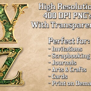 Regal Green & Gold Alphabet Clipart Bundle, Art Nouvea Letters ...