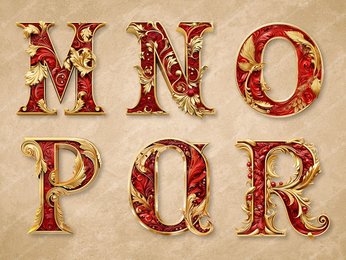 Regal Red & Gold Alphabet Clipart Bundle, Art Nouvea Letters ...