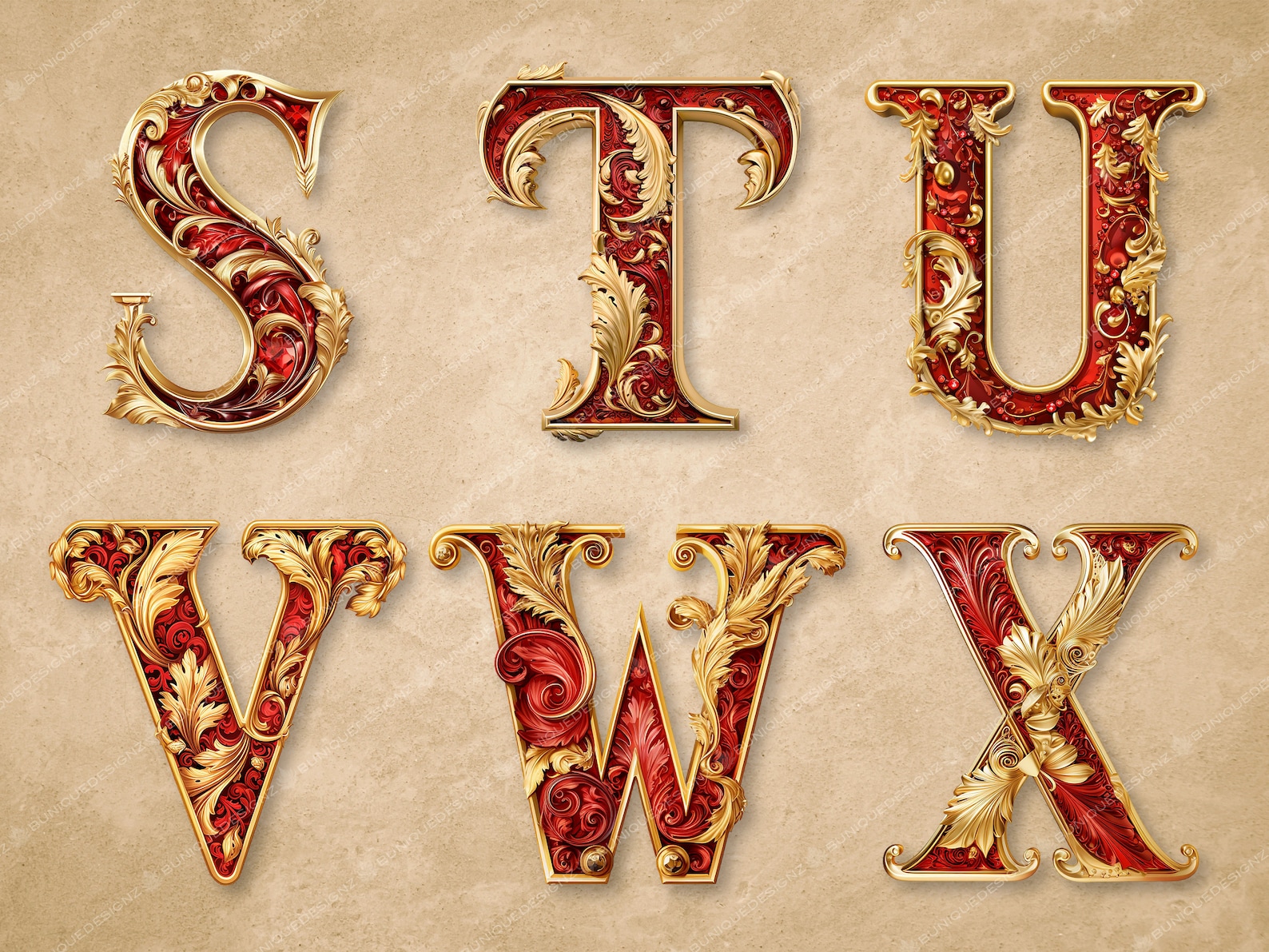 Regal Red & Gold Alphabet Clipart Bundle, Art Nouvea Letters ...