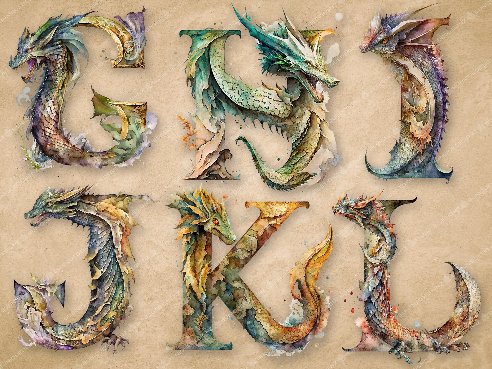 Dragon Themed Alphabet Clipart, Watercolor, Digital Print, Stickers ...