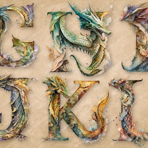 Dragon Themed Alphabet Clipart, Watercolor, Digital Print, Stickers ...