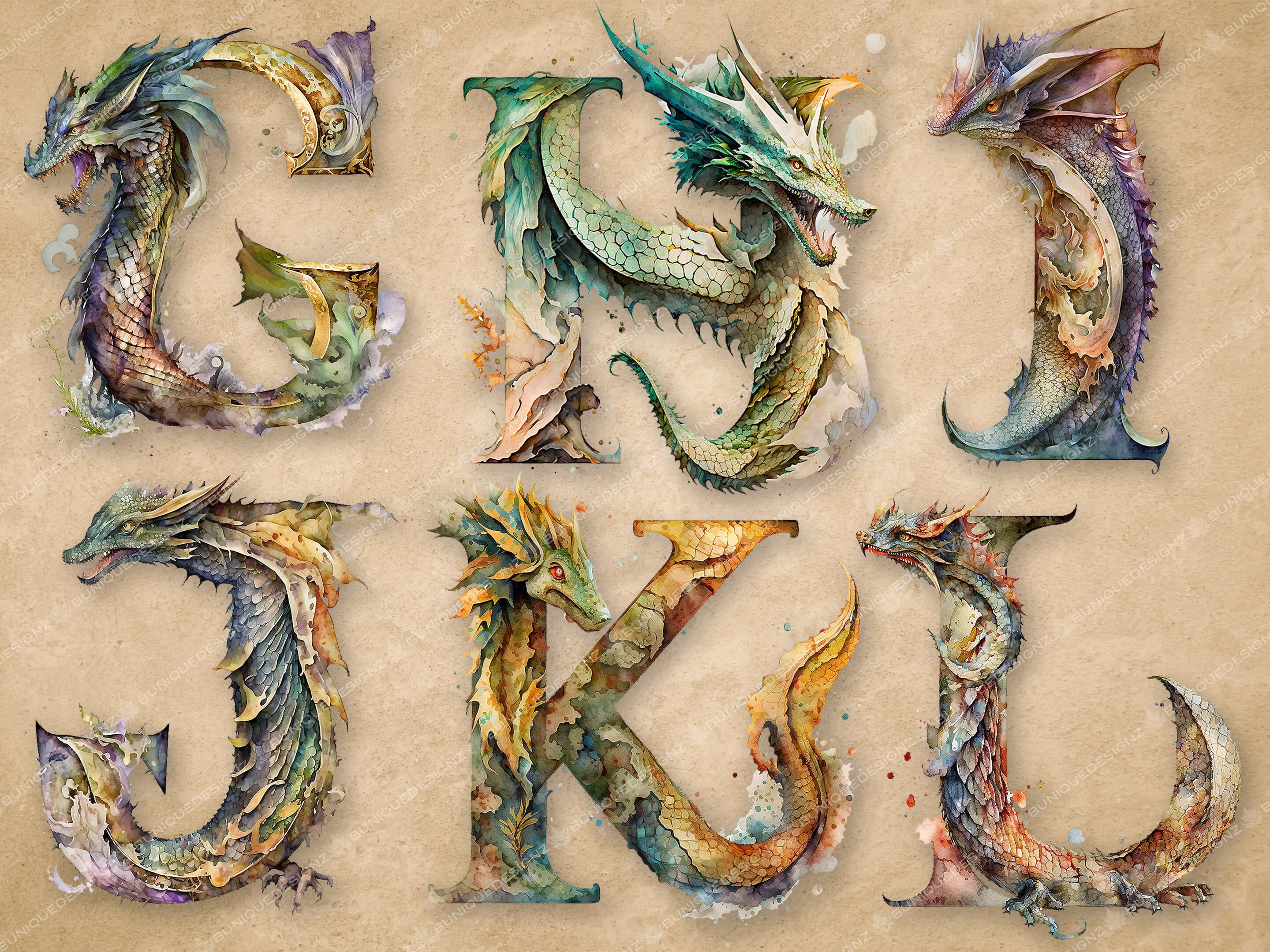 Dragon Themed Alphabet Clipart, Watercolor, Digital Print, Stickers ...