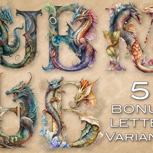 Dragon Themed Alphabet Clipart, Watercolor, Digital Print, Stickers ...