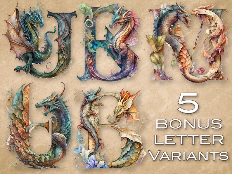 Dragon Themed Alphabet Clipart Watercolor Digital Print - Etsy