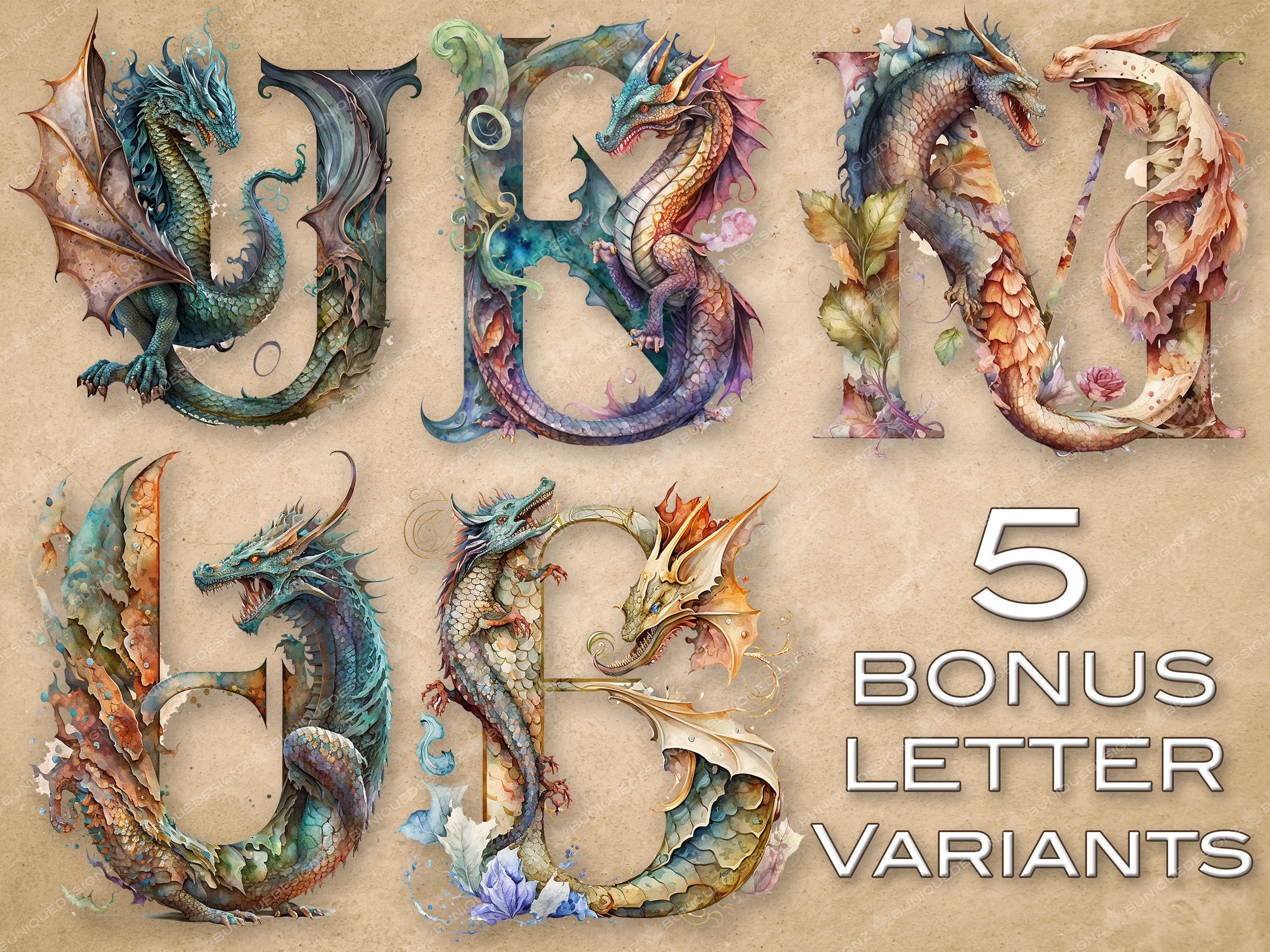 Dragon Themed Alphabet Clipart, Watercolor, Digital Print, Stickers ...