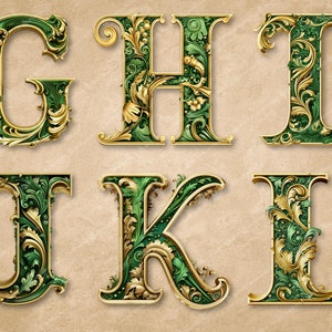 Regal Green & Gold Alphabet Clipart Bundle, Art Nouvea Letters ...