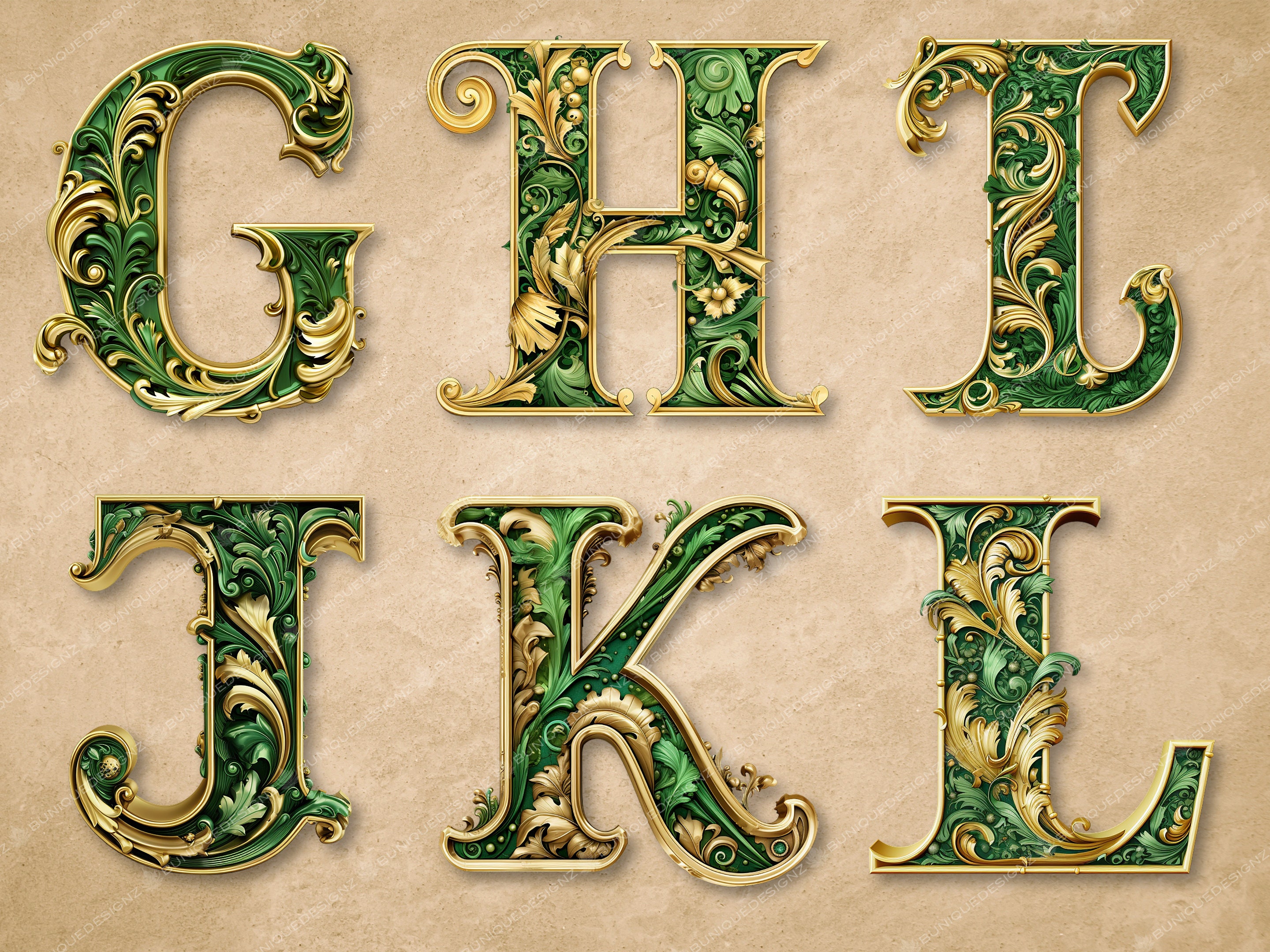 Regal Green & Gold Alphabet Clipart Bundle, Art Nouvea Letters ...