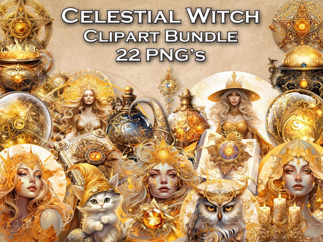 Celestial Witch Clipart Bundle, Gold Witch Clipart, Witchy Magic ...