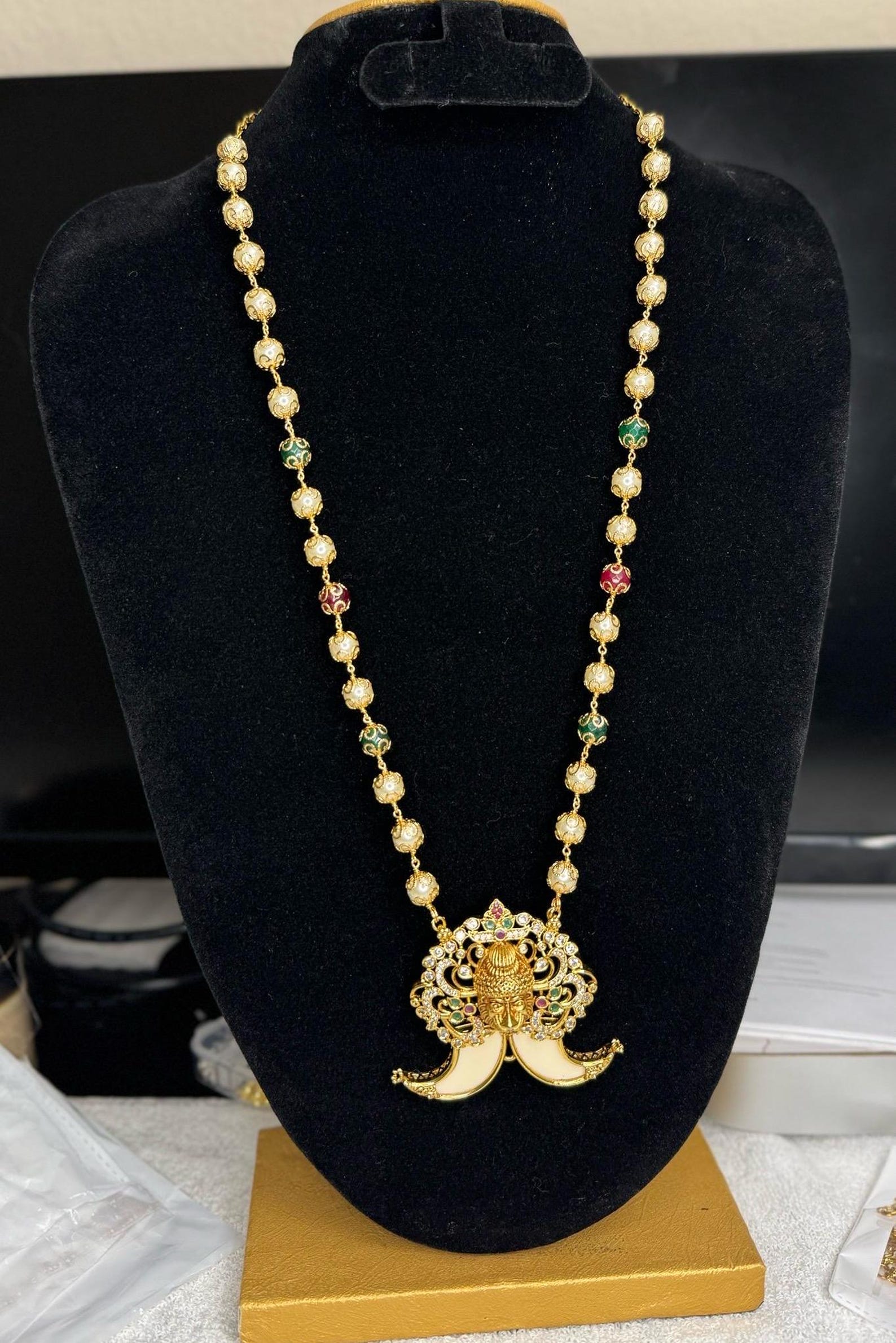 Puli Goru Long Necklace, Pearls, Gold Plated Elephant Pendant - Etsy