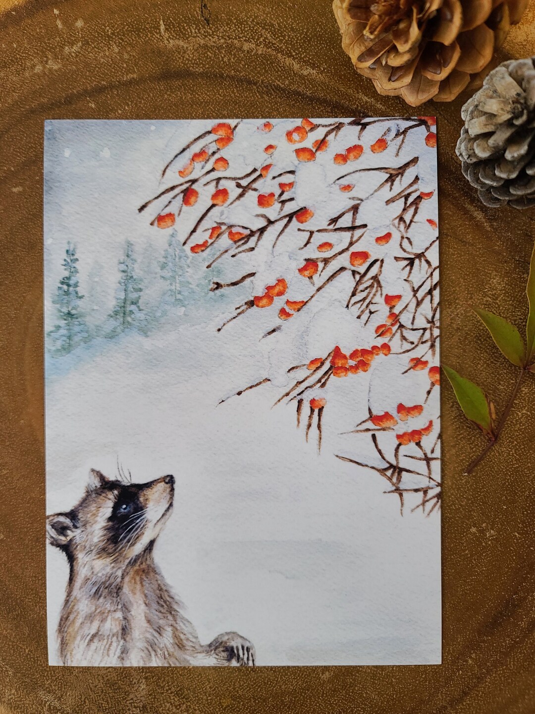 PRINTABLE 5x7 Racoon & Persimmons in Snow, Downloadable Print ...