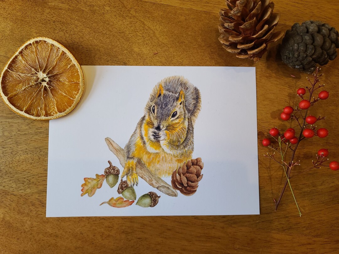 Squirrel in Fall (mini Art Print 5x7), Cottagecore, Whimsical Art ...