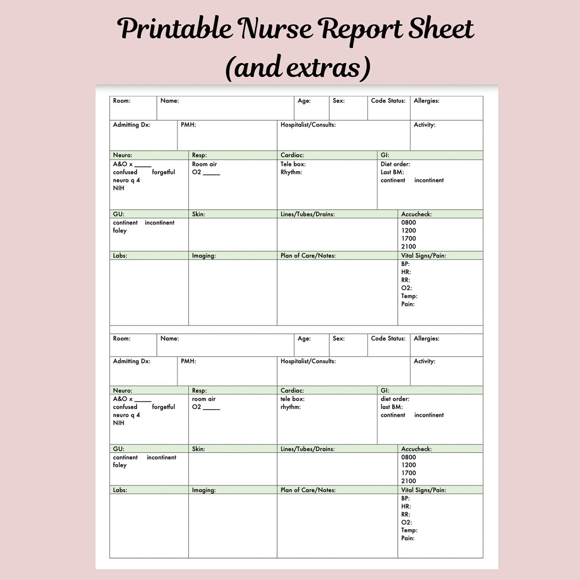 Nurse Report Sheet 2 Patient Report Sheet Medsurg Report Sheet Tele ...